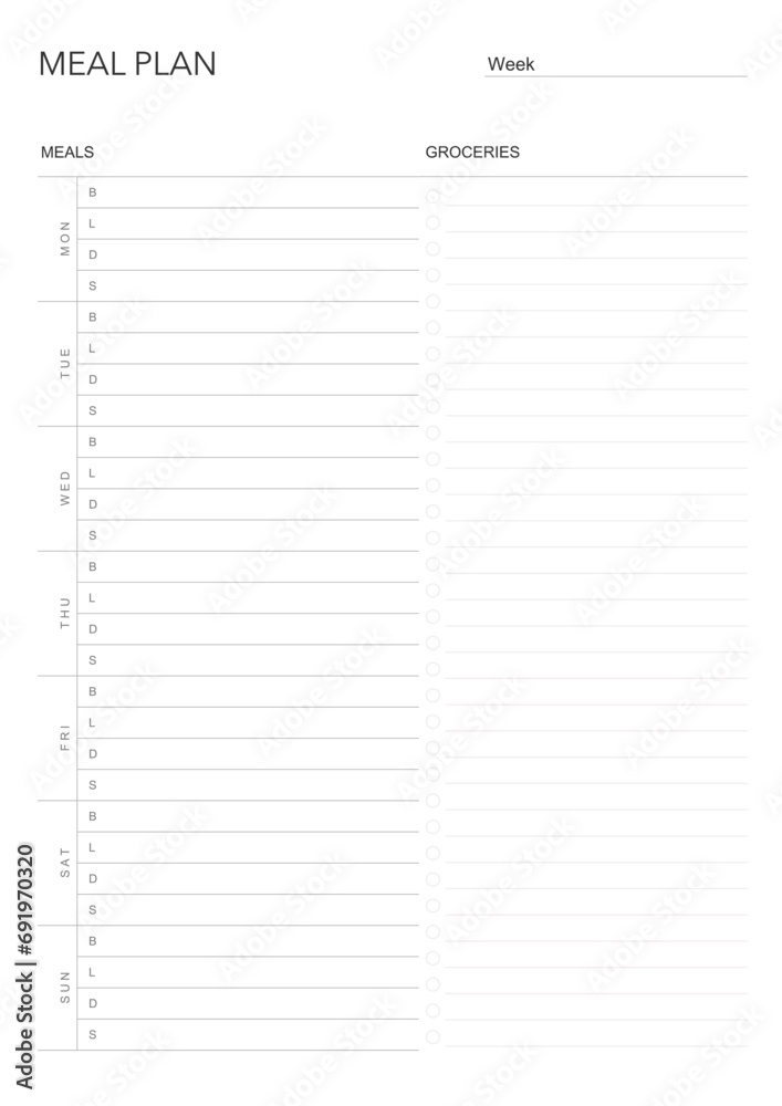 meal plan, minimalistic weekly meal planner printable template. Meal planning and groceries list ...