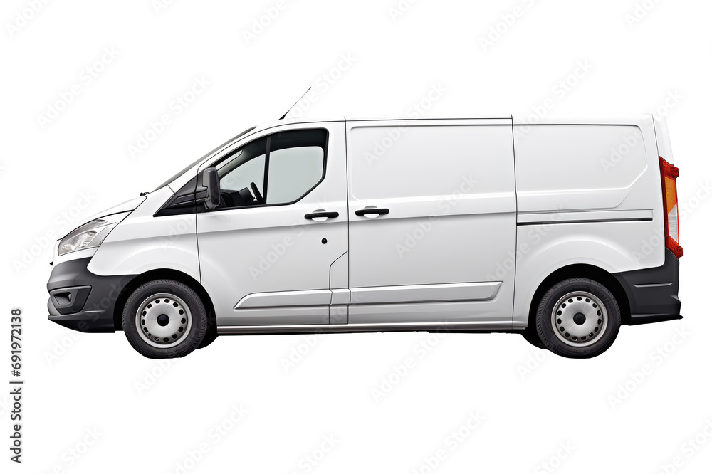 Side view of a medium white van for transport on a cutout PNG ...