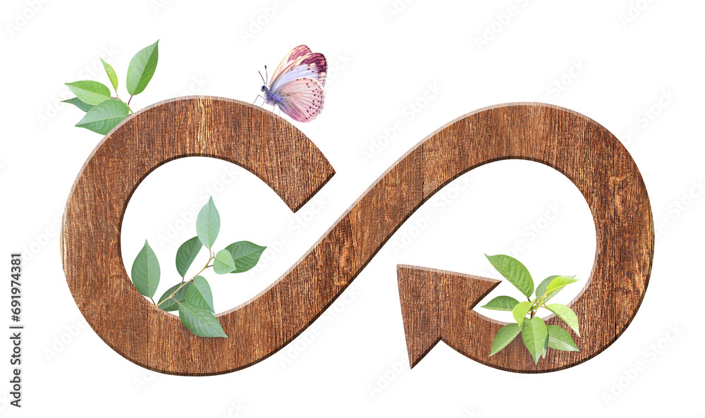 Circular economy symbol from wood with leaves. Sustainable development ...