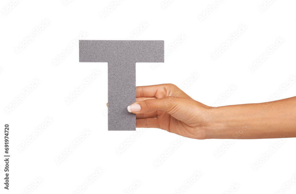 Hands, font and capital letter T in studio isolated on a white ...