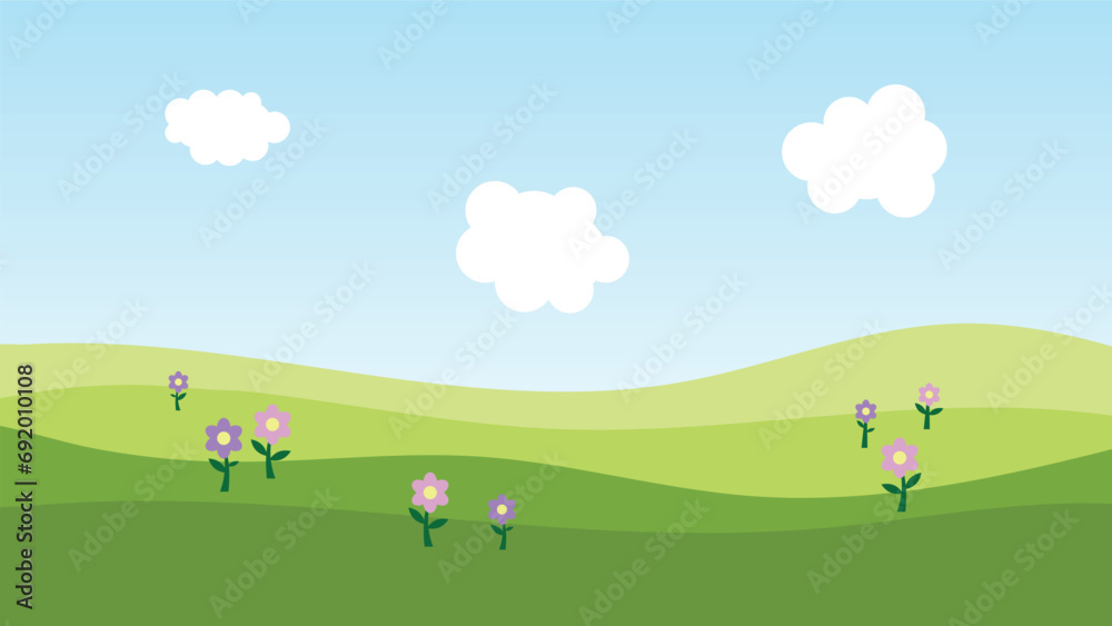 landscape cartoon scene with green field and white cloud in summer blue ...