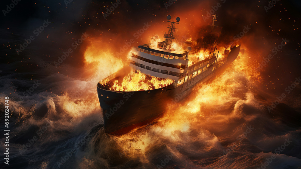 Passenger ocean liner ship engulfed in fire on high seas amidst ...