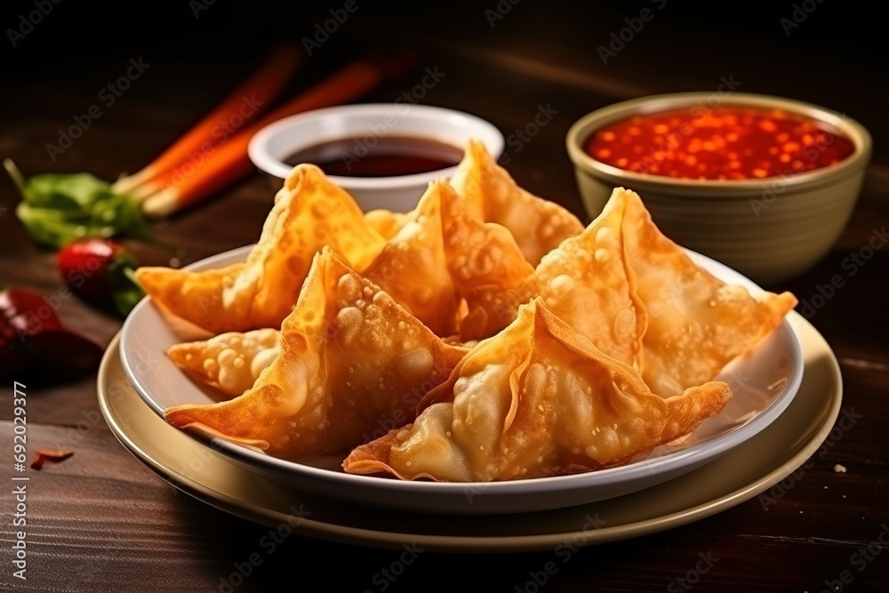 Crispy Chicken wontons, vegetable spring rolls and prawn toasts with ...