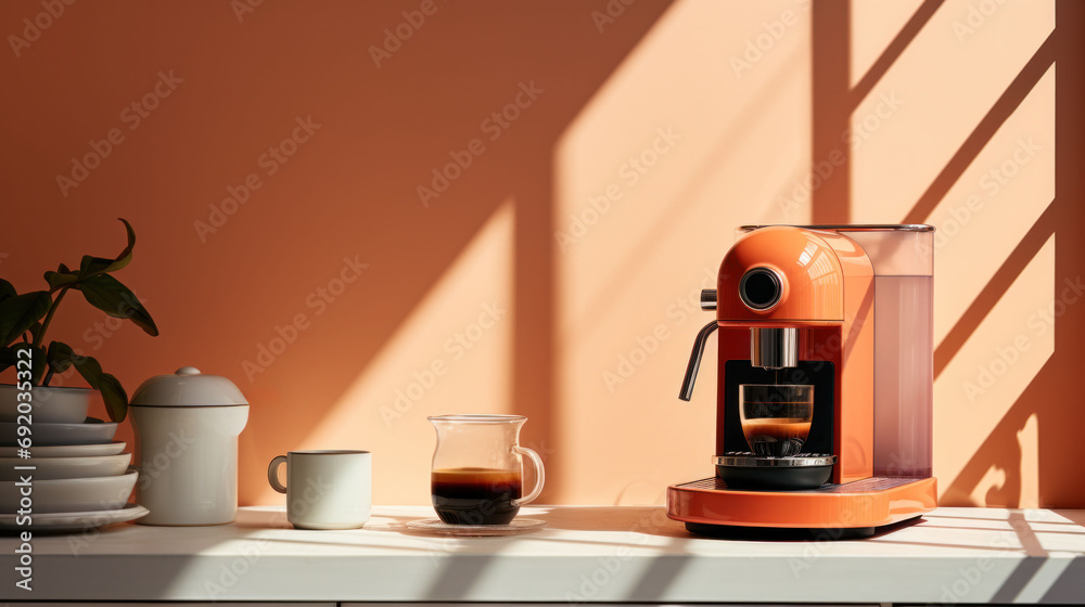 Sleek orange coffee maker creating a perfect cup on a sunny kitchen ...