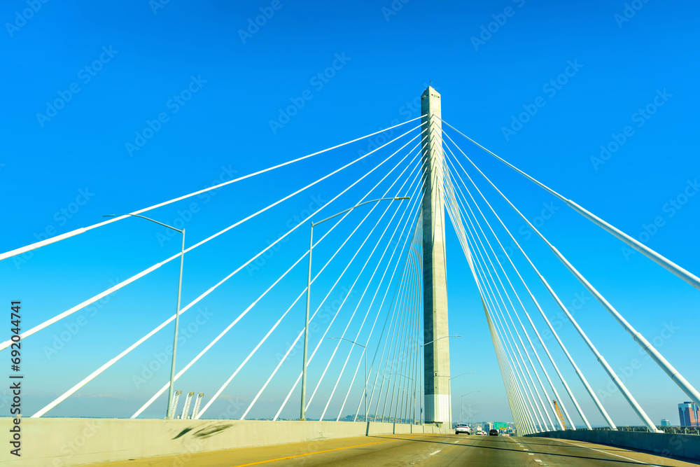 Driving through the Cable-Stayed Gerald Desmond Bridge Stock Photo ...