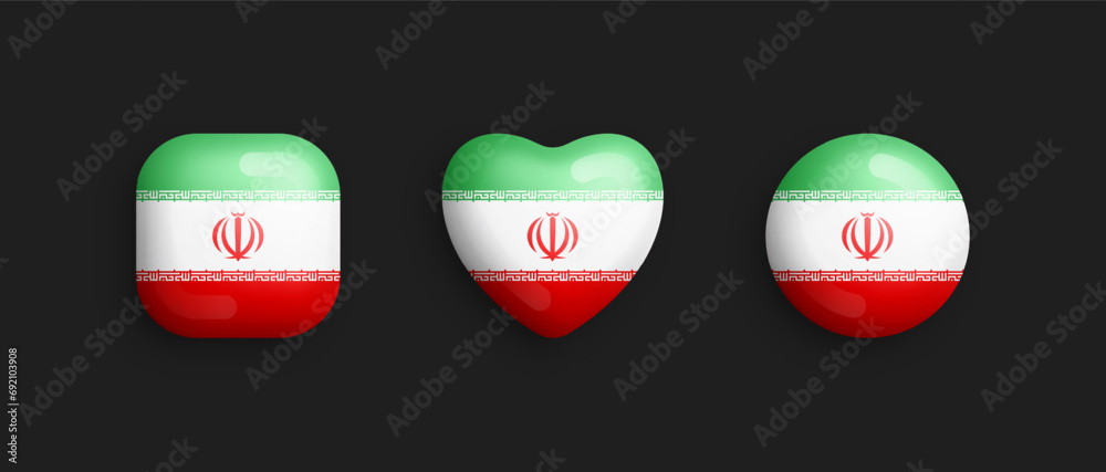 Iran Official National Flag 3D Vector Glossy Icons In Rounded Square ...