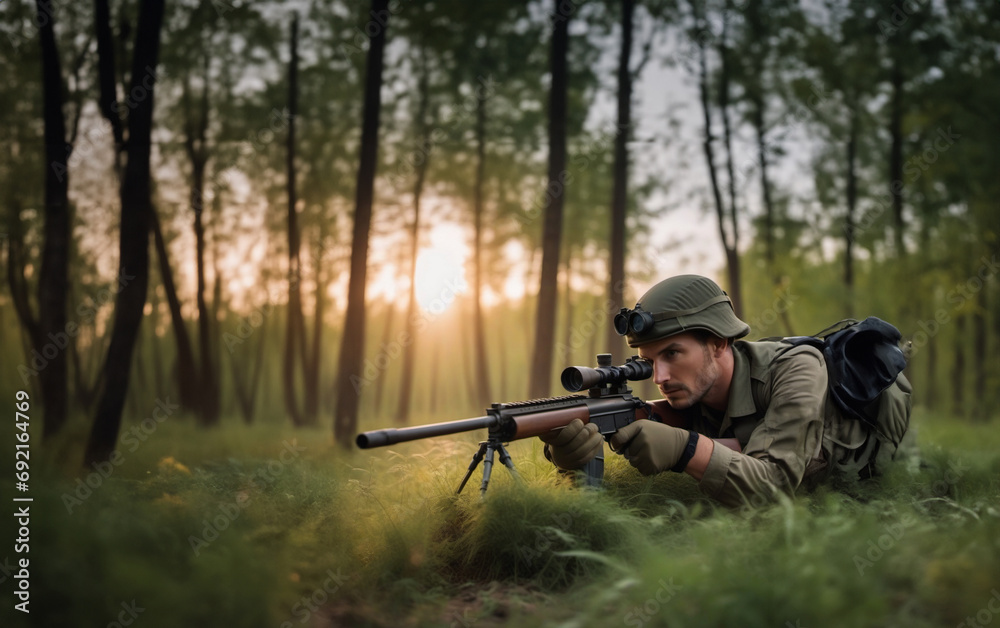 military sniper lies in ambush in the forest with a sniper rifle Stock ...