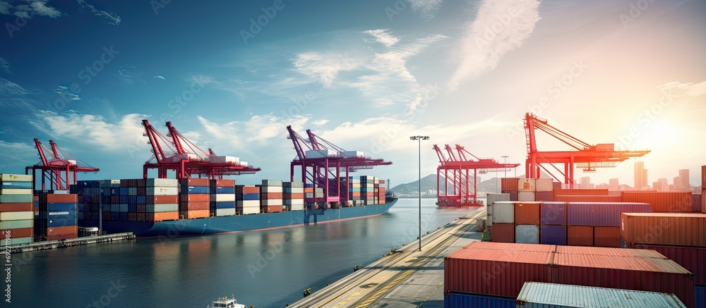 Aerial view over containers ship loading and unloading in sea port ...