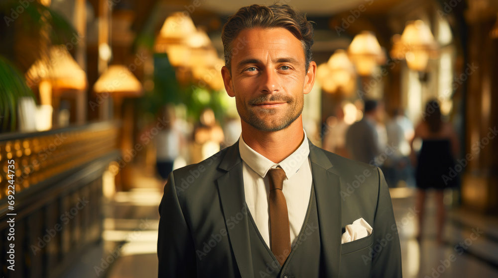 Elegant pastel portrait of a hotel concierge, close-up shot, wearing a ...