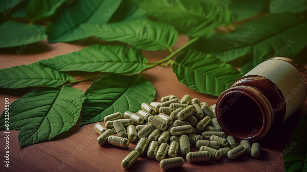 Mitragyna speciosa (kratom) leaves with medicinal products in the form of capsules and the ...