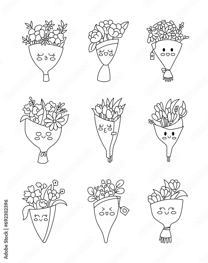 Kawaii cute flower bouquet. Coloring Page. Botanical cartoon character ...