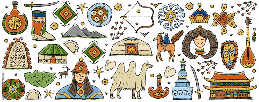 Mongolia. Landmarks, people, culture and food. Poster art for your ...
