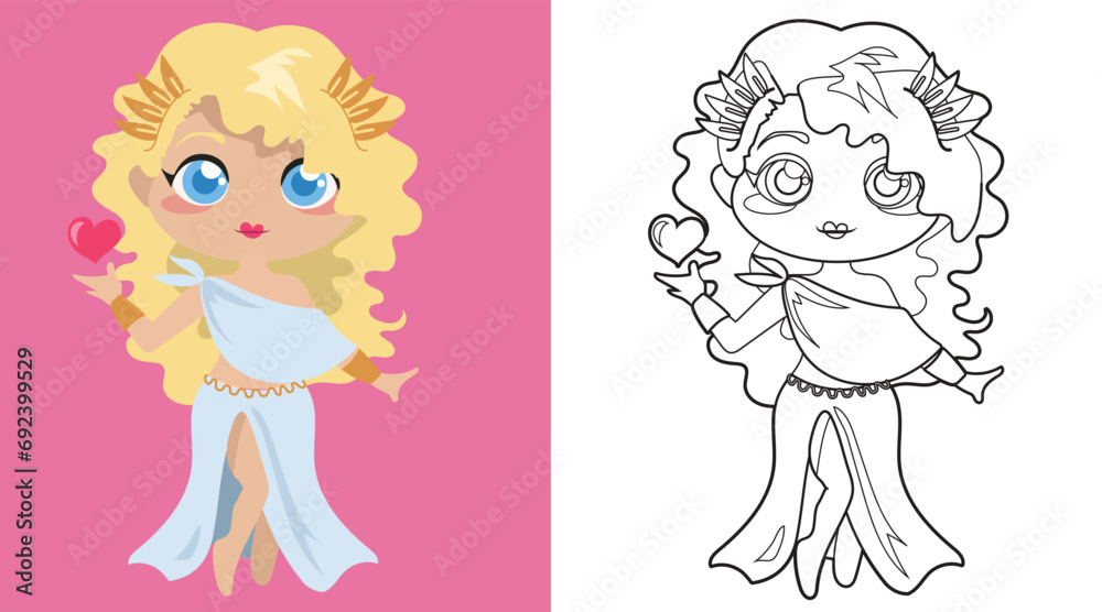 Colouring cute Greek goddess cartoon character. Coloring Aphrodite the ...