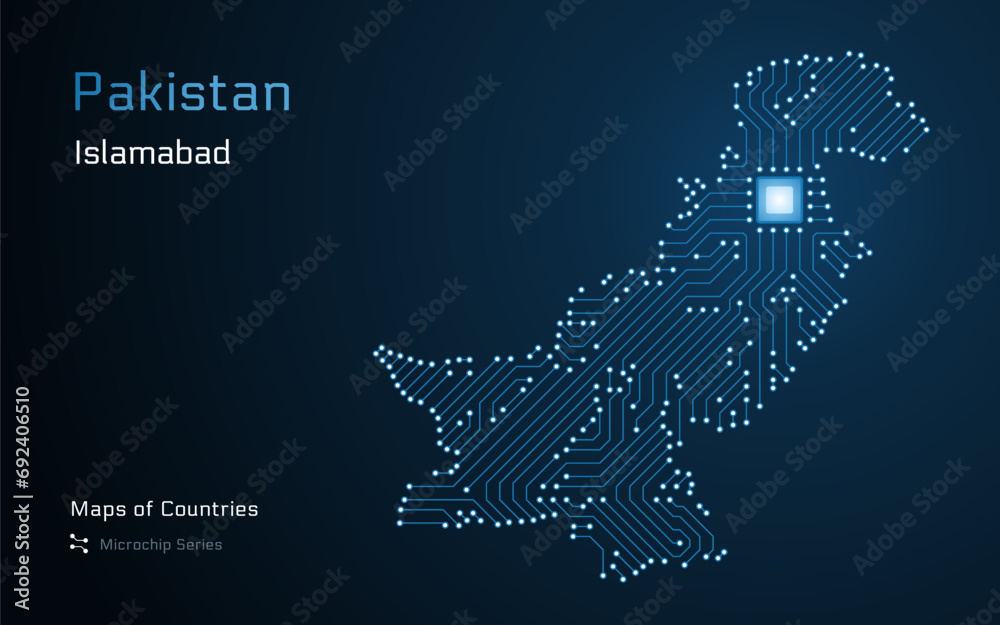 Pakistan Glossy Map with a capital of Islamabad Shown in a Microchip ...