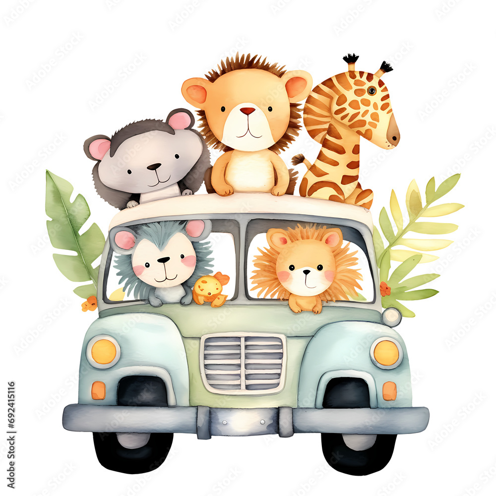 Cute Little Safari Animals In Car Watercolor Clipart Illustration Stock ...