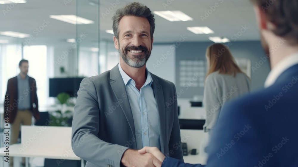 Smiling middle aged business man handshaking partner making partnership ...