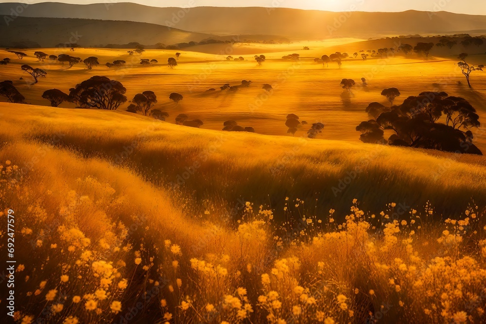 Golden sunlight the expansive landscape of the Australian countryside ...