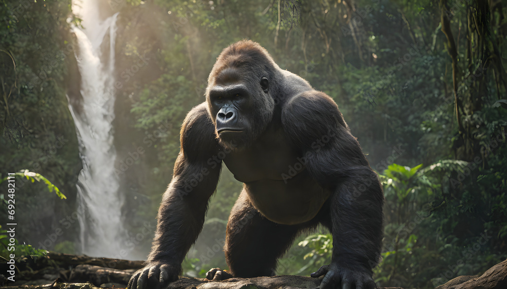Gorilla in rainforest, Close-up photo of wild big black silverback ...
