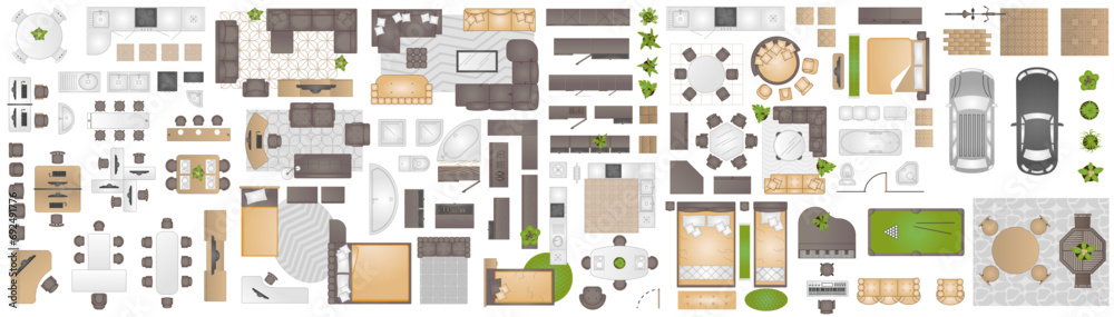 Set of linear icons. Interior top view. Vector Illustration. Floor plan ...