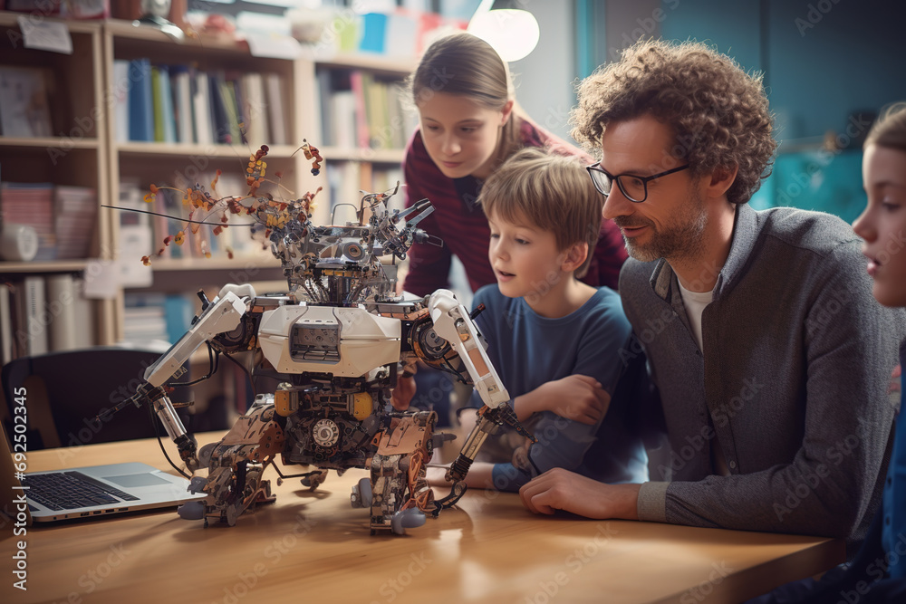 Mature male science teacher standing near his students and ...