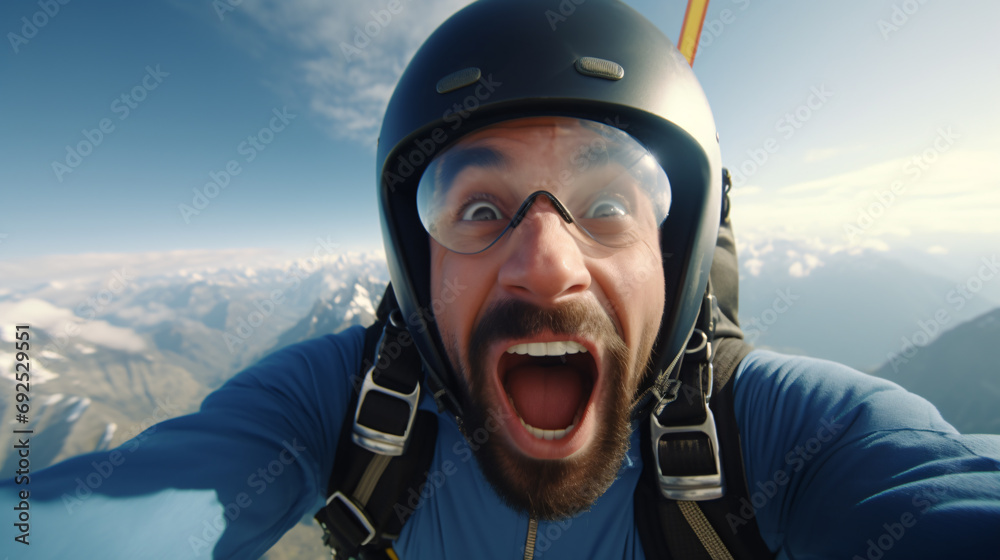 The skydiver's face and expression are visible in the image. who is ...