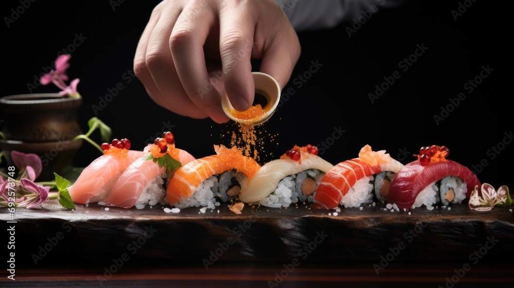 hands of a sushi chef creating a visually stunning sushi presentation ...