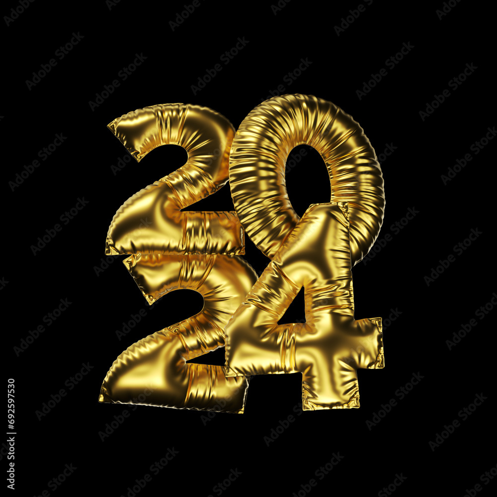 Happy New Year 2024. Realistic shiny gold balloon words. Myla/helium ...