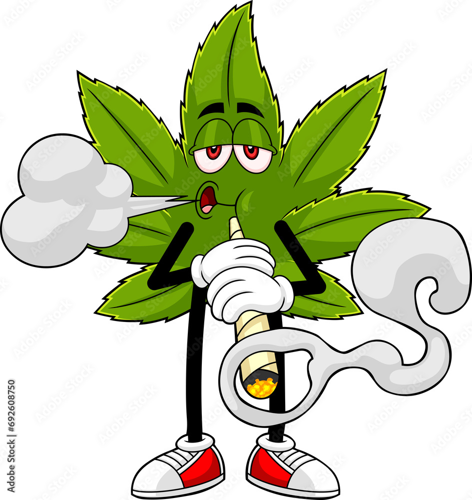 Funny Marijuana Leaf Cartoon Character Smoking A Big Joint Cigarette. Illustration Isolated On ...