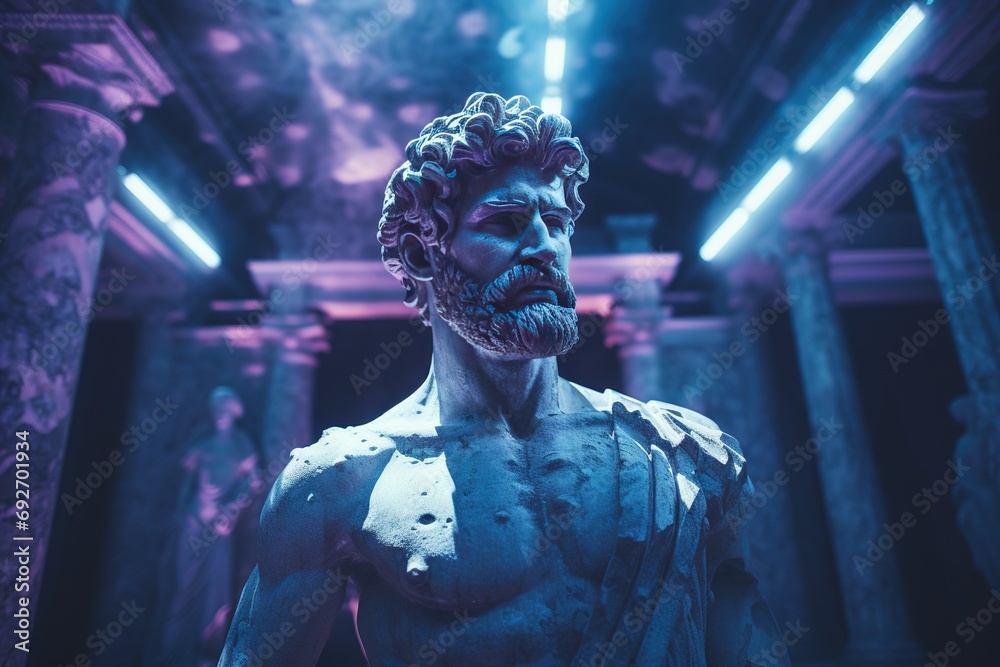 Abstract neon vibes ancient roman, greek stoic person, marble, stone ...