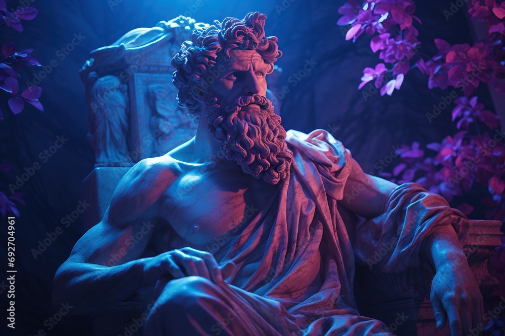 Abstract neon vibes ancient roman, greek stoic person, marble, stone ...