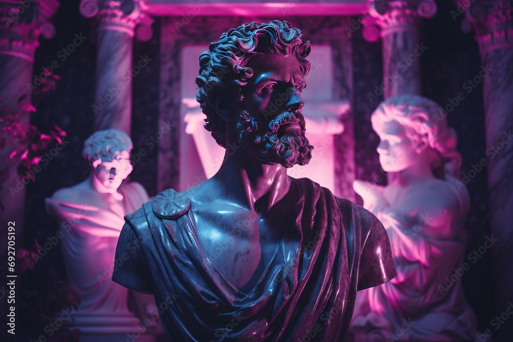 Abstract neon vibes ancient roman, greek stoic person, marble, stone ...