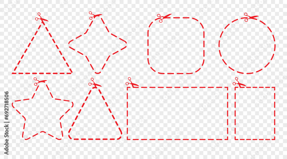 Vector cutting lines icon set. Geometric shapes. Red dashed outline ...