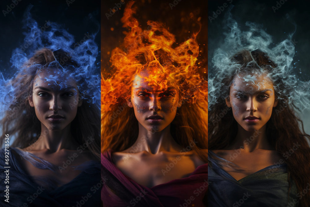 Portrait embodying the four elements, face divided into quadrants of ...