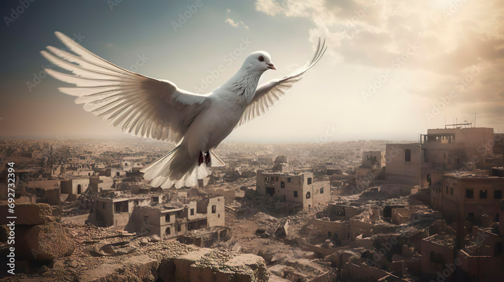 Stop war and military attack. White dove of peace. Bird symbol of peace ...