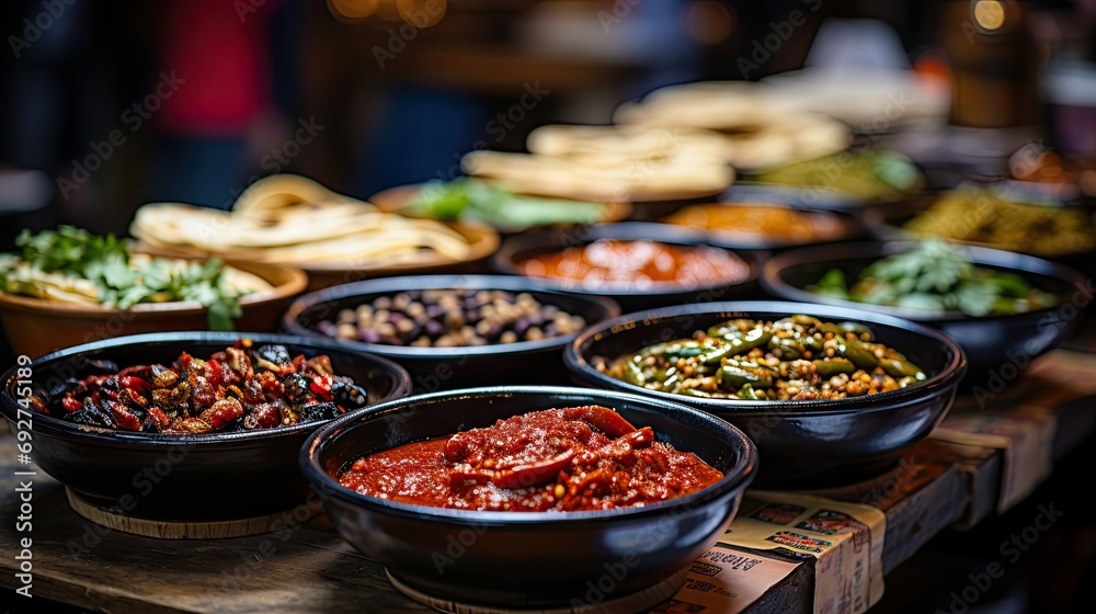street food market, variety of snacks, vibrant colors, bustling ...