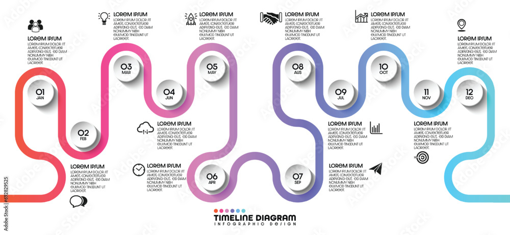 Infographic business design template. Timeline concept with 12 months ...