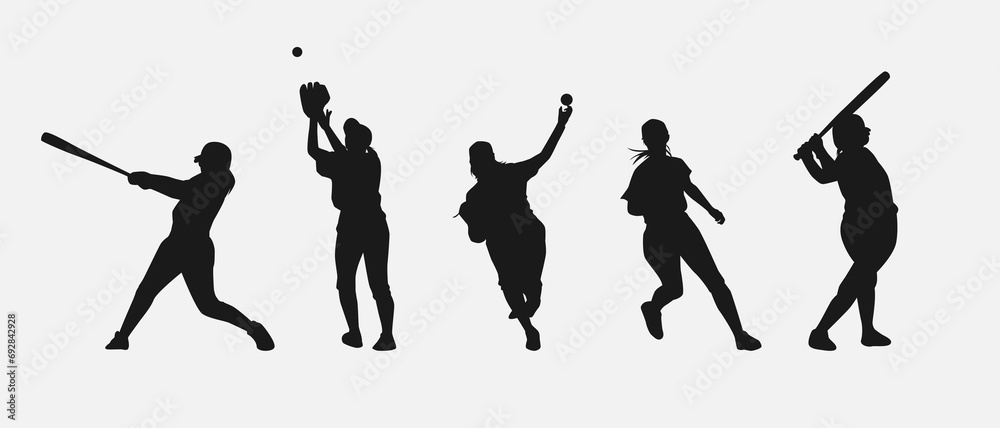 Set of silhouettes of baseball player, female athlete. Different pose ...