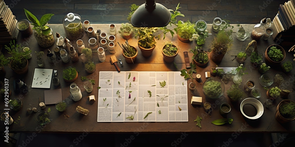 Overhead view of a biologist's workspace with microscope slides, plant specimens, and notations ...