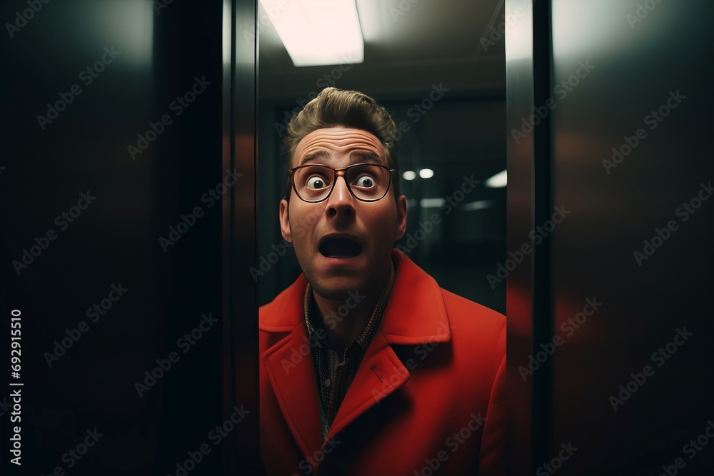 Scared man 30 years old looking outside of elevator doors. Young man suffering from fear of ...