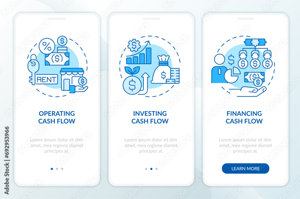 2D icons representing cash flow structure monochromatic mobile app ...