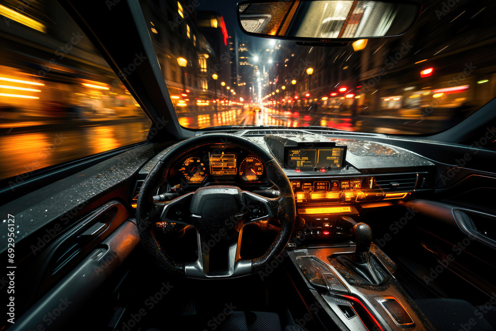 Dynamic view from a car's cockpit driving through the city at night ...