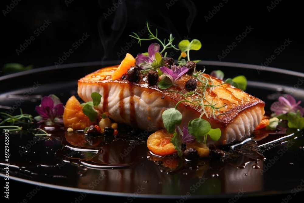 Elegant and refined plating of a gourmet seafood dish with seared fish ...