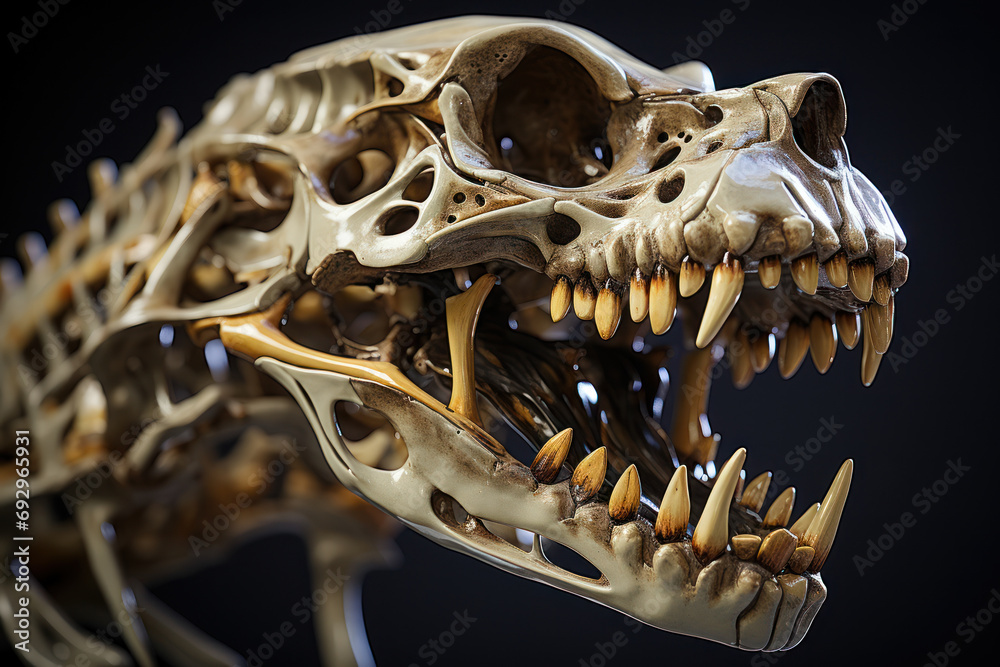 The skull and skeletal structure of a saber-toothed cat, illustrating ...