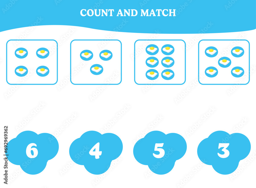 Count and match game with fried egg. Educational worksheet design for ...