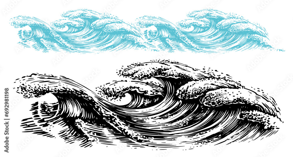 Sea waves, vintage vector illustration. Ocean tidal storm waves ...