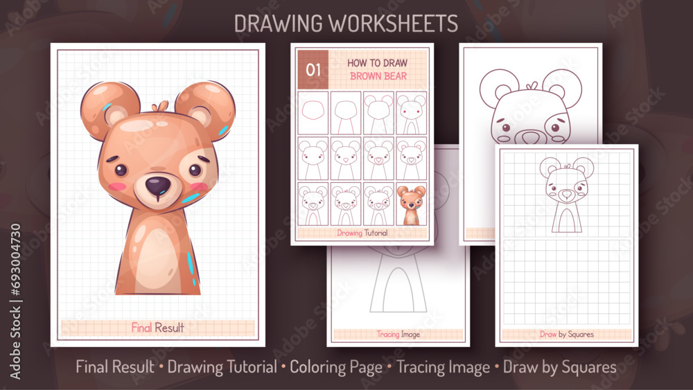 How to Draw a Brown Bear. Step by Step Drawing Tutorial. Draw Guide. Simple Instruction ...