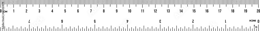 Ruler scale 20 cm and 7 inches. Centimeter and inch scale for measuring ...