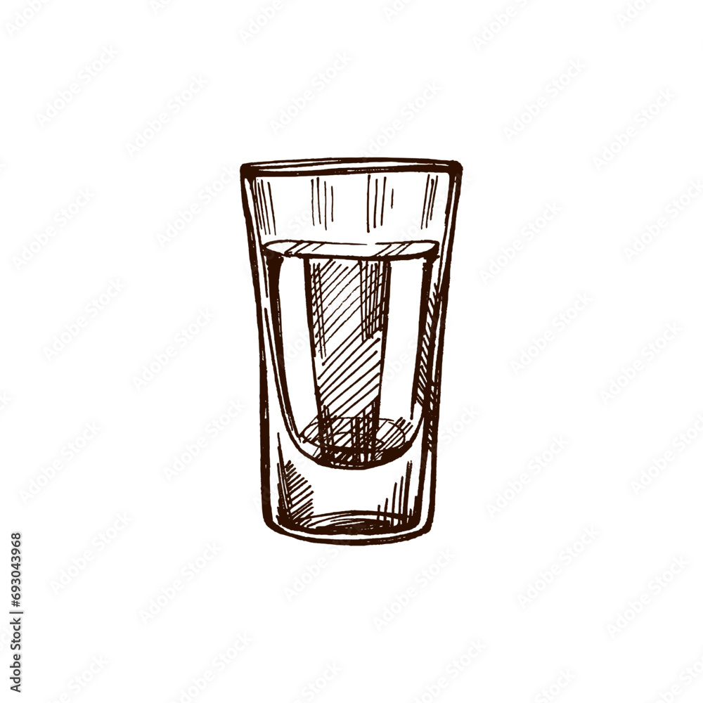 Hand-drawn shot glass with tequila. Design element for the menu of bars ...