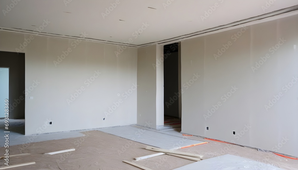 Drywall installation work in progress by construction workers at ...