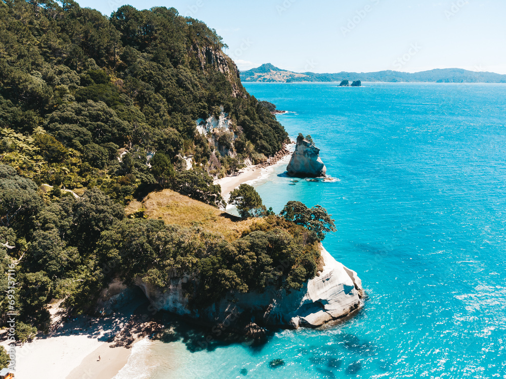 Drone photo above Cathedral Cove in New Zealand showing beaches ...